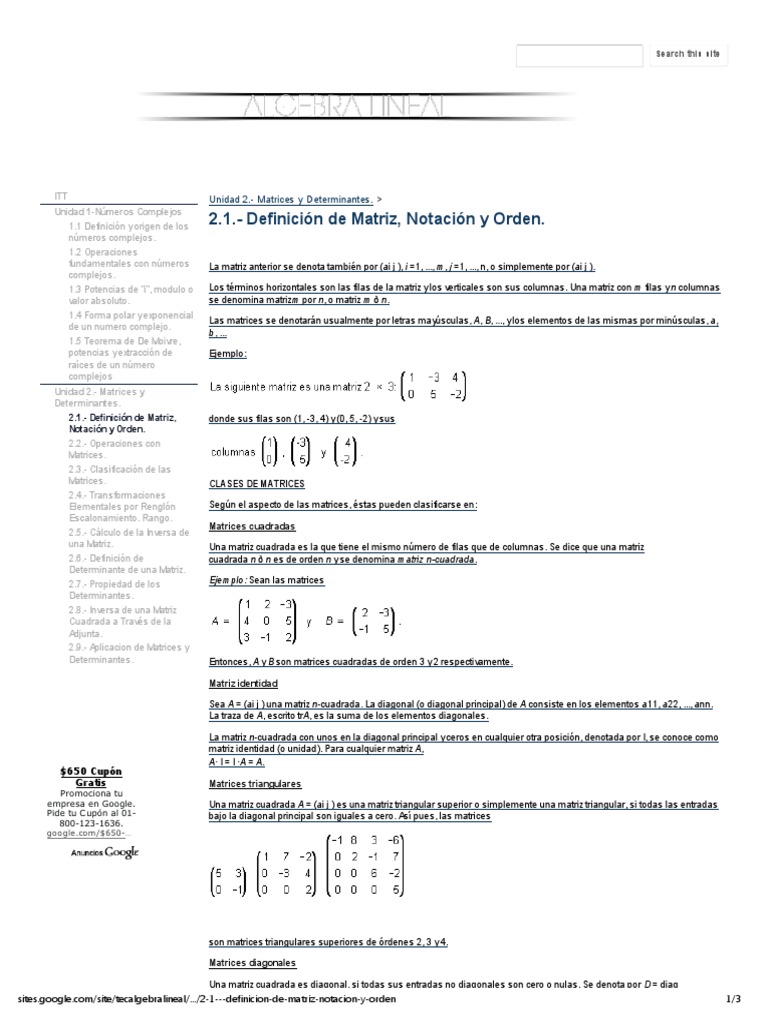 Definición de Matriz: Notación y Orden | PDF | Determinante | Matriz ...