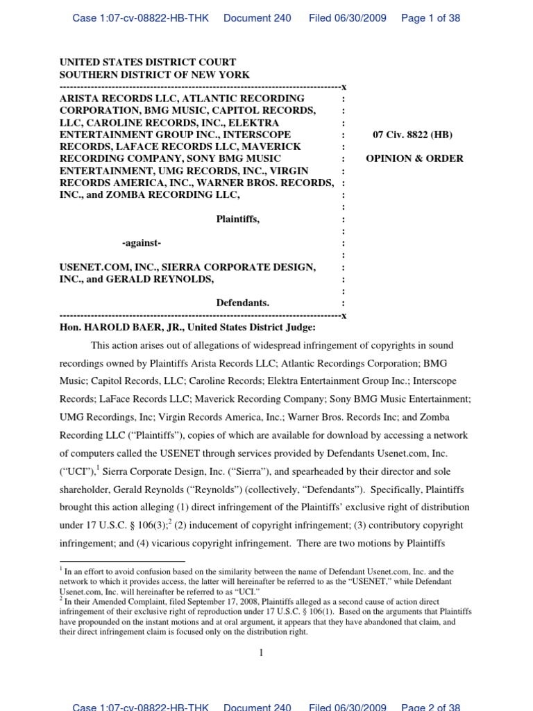 Summary Judgment Order -- Arista Records LLC v. Usenet.com, Inc ...