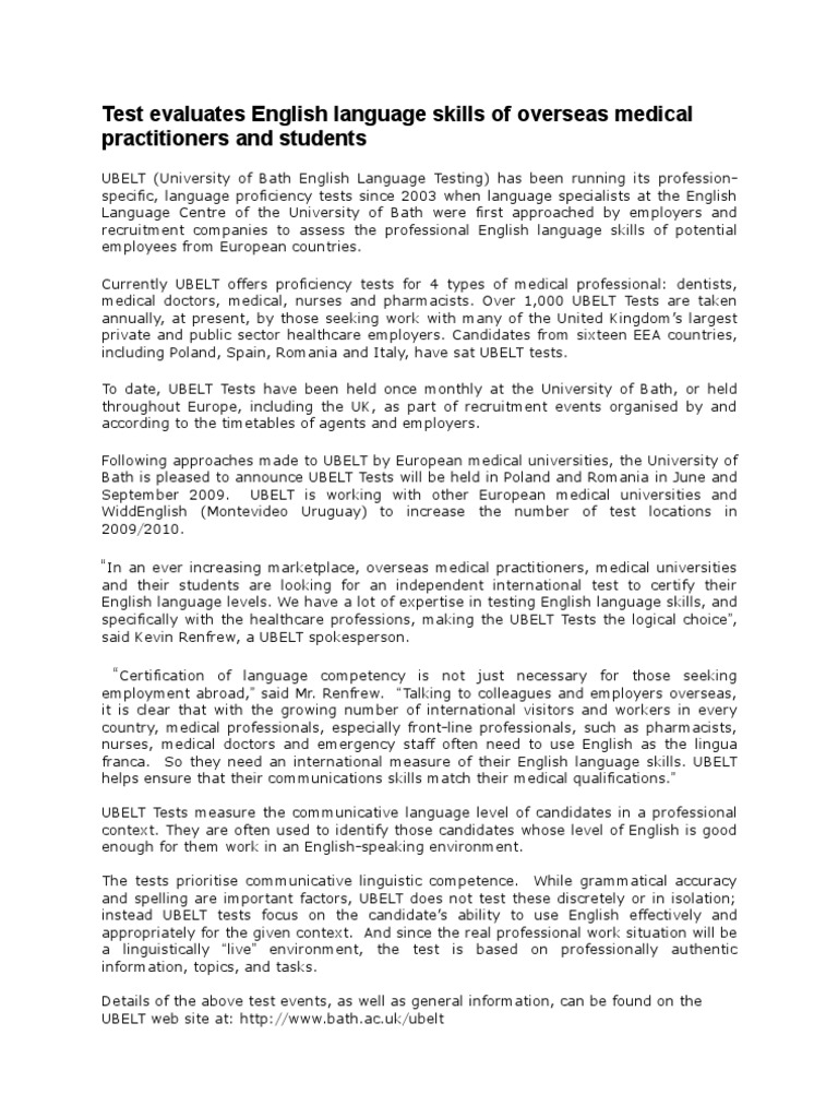 Medical English Tests UBELT | PDF | Medical School | Health Professional