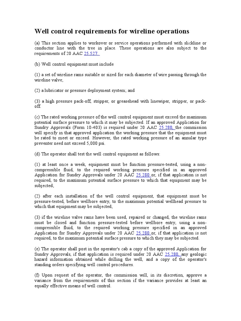 Well Control Requirements For Wireline Operations | PDF | Pressure | Gases