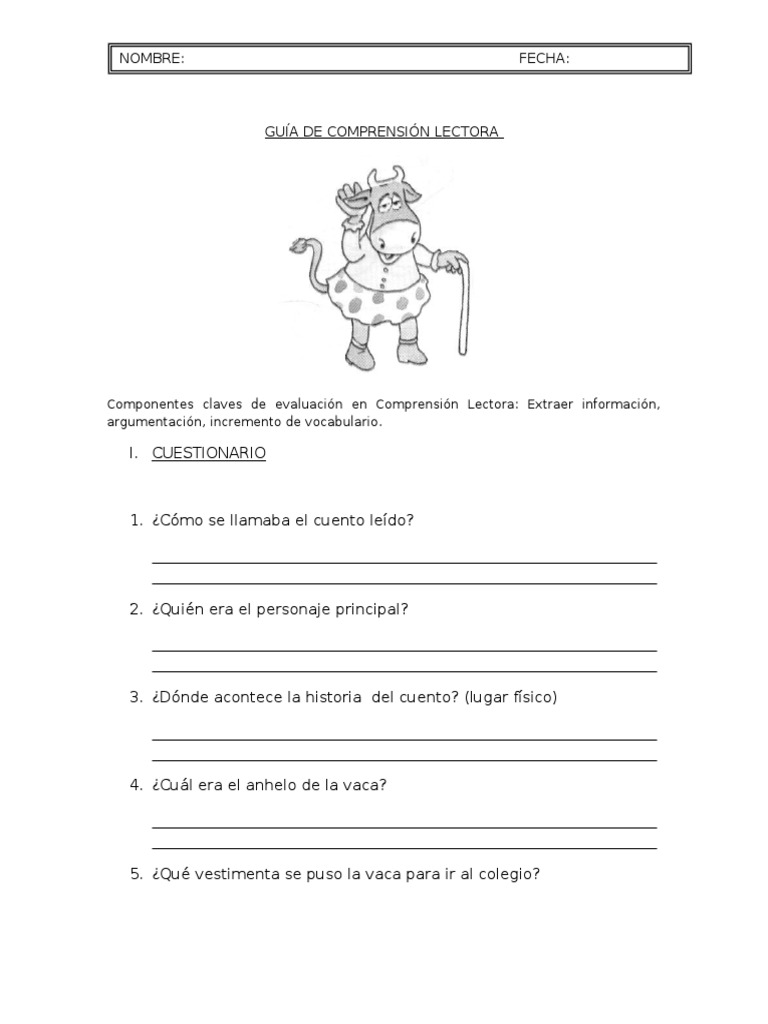 Guía de Comprensión Lectora NT1 y 2 La Vaca Estudiosa | PDF