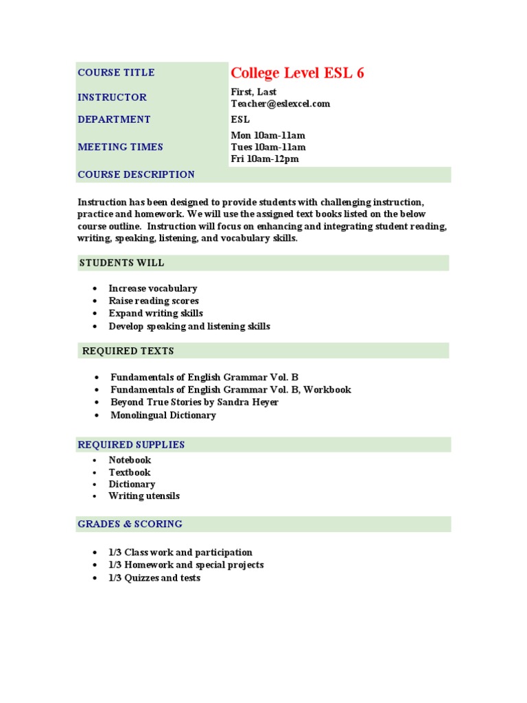 ESL 6 College Level Course Outline Sample | PDF | English Grammar ...