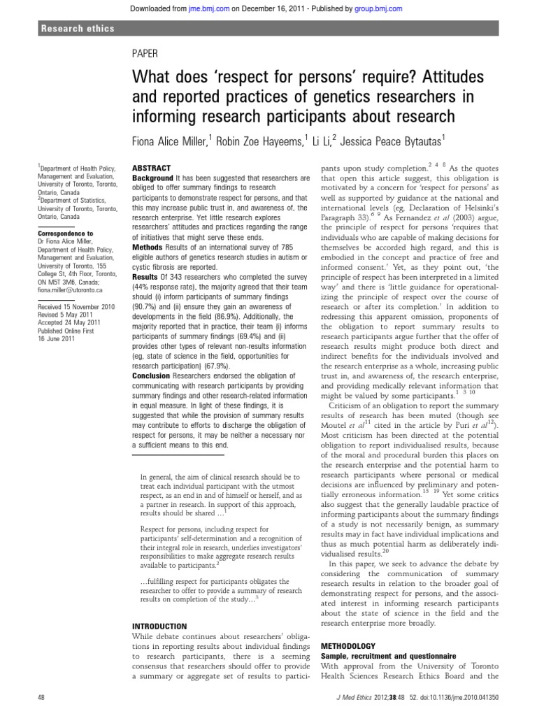 What Does Respect For Persons' Require? Attitudes and Reported ...