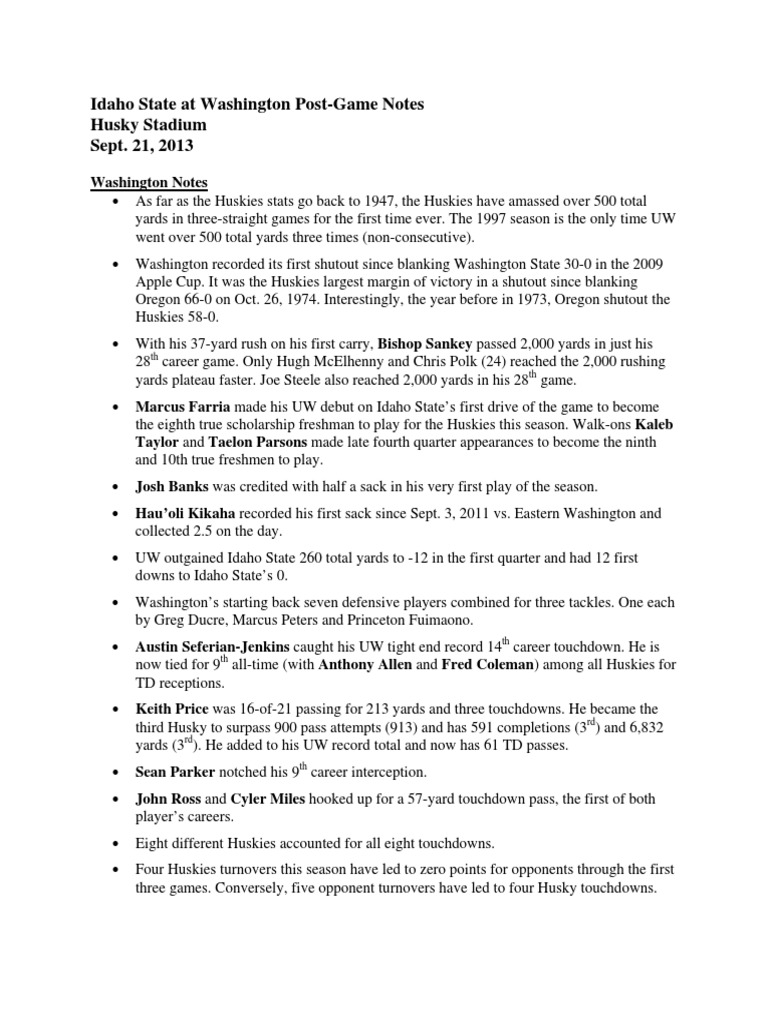 Idaho State at Washington Post-Game Notes Husky Stadium Sept. 21, 2013 ...