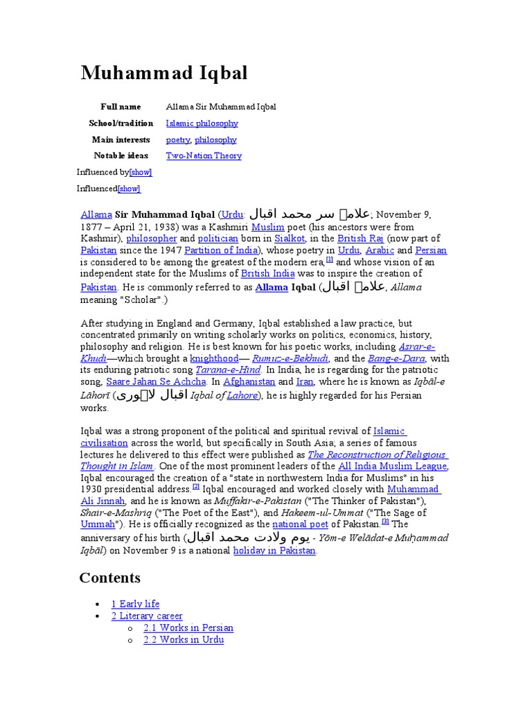 Muhammad Iqbal: Full Name School/tradition Main Interests Notable Ideas ...