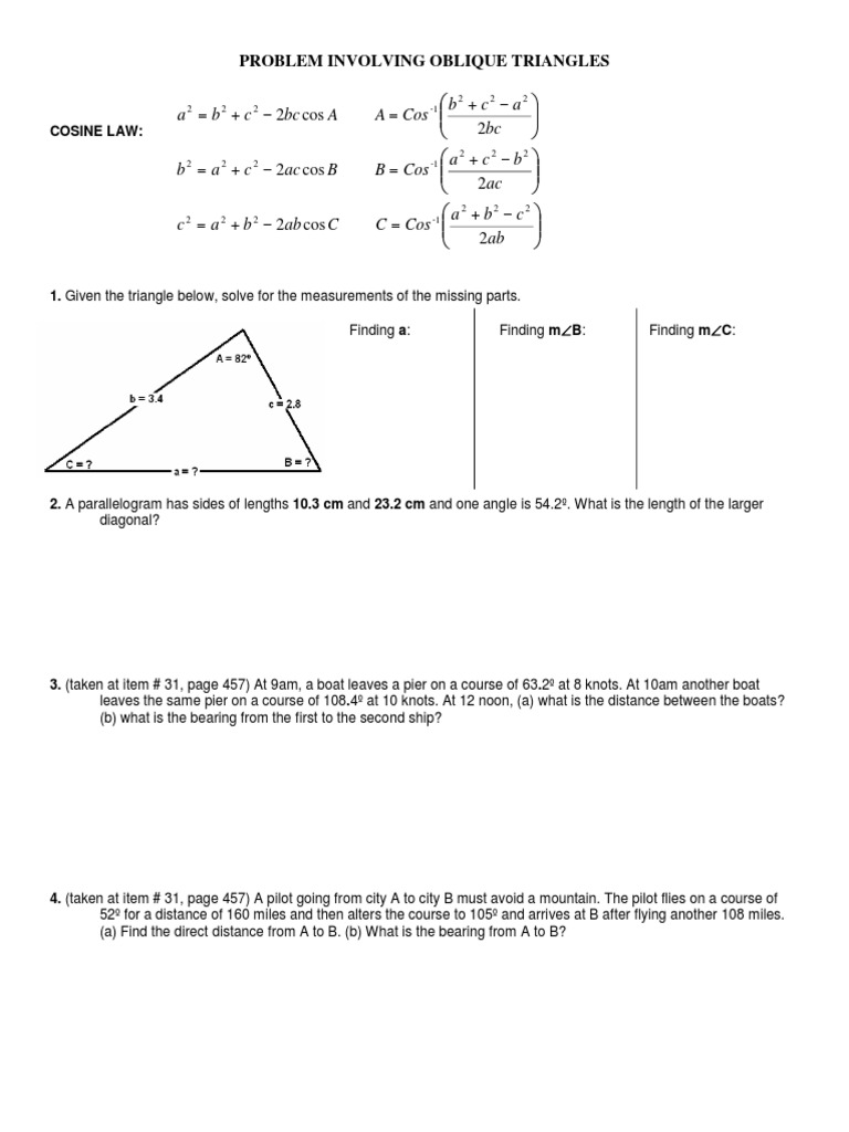 Word Problems in Oblique Triangles (Cosine Law)