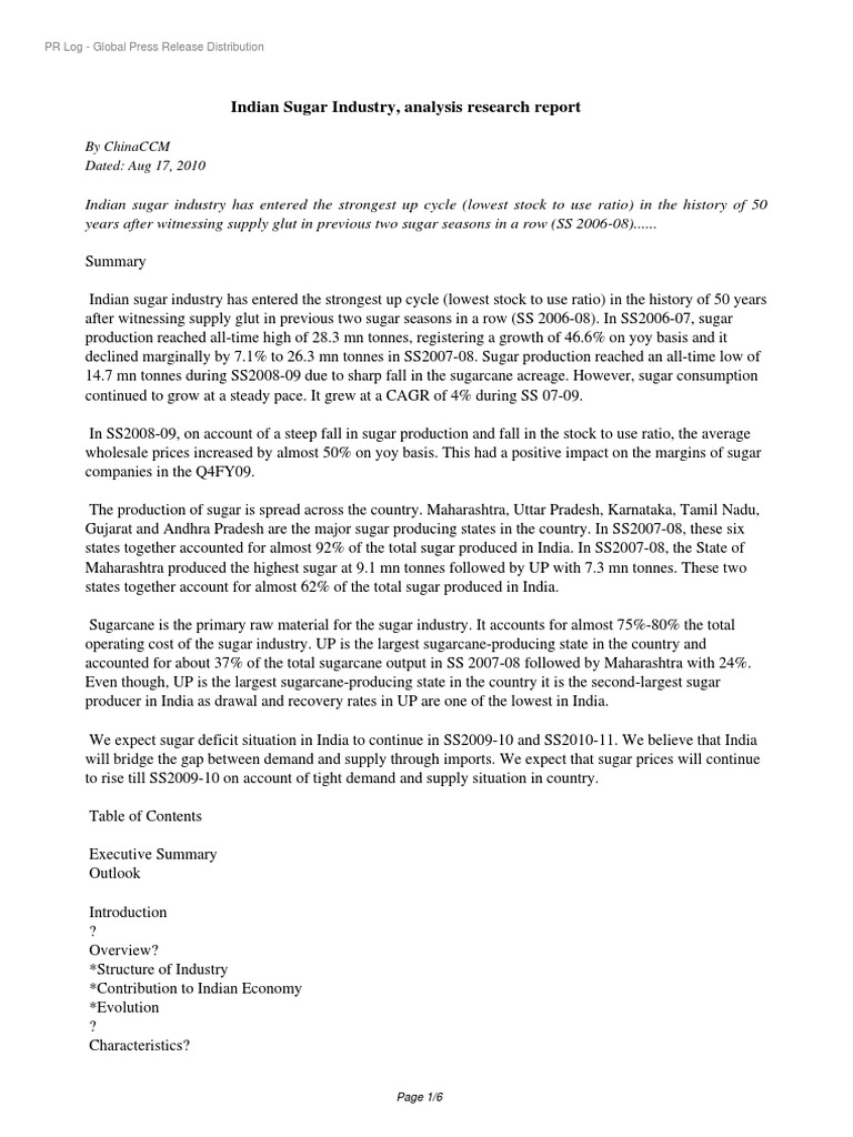 Indian Sugar Industry, Analysis Research Report | PDF | Sugarcane | Sugar