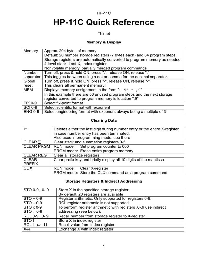HP-11C Quick Reference | PDF | Trigonometric Functions | Control Flow
