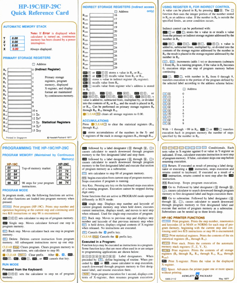 HP-19C & 29C Quick Reference Guide 1977 Color | PDF | Subroutine ...