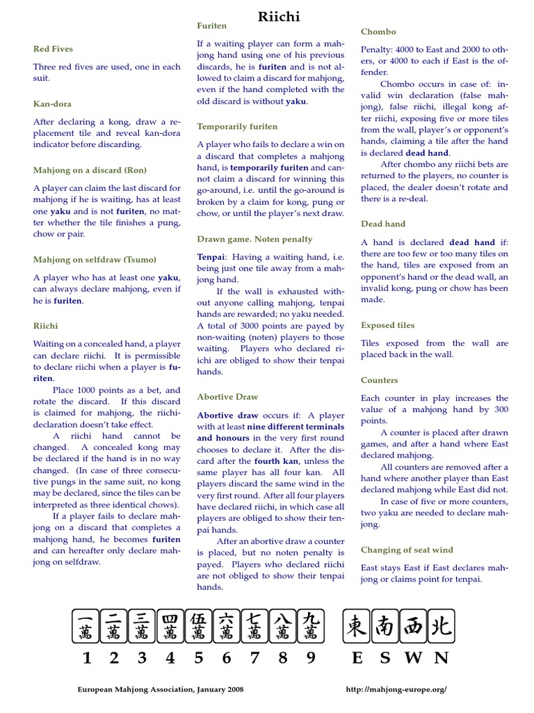 Riichi Sheet En | Mahjong | Matching Card Games