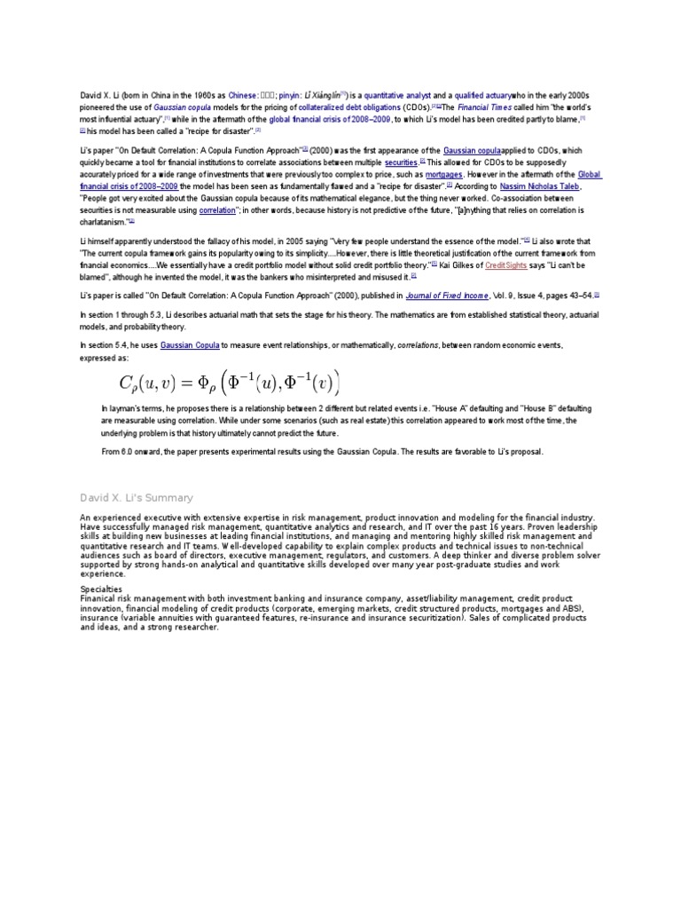 Gaussian Copula Financial Times: David X. Li (Born in China in The ...