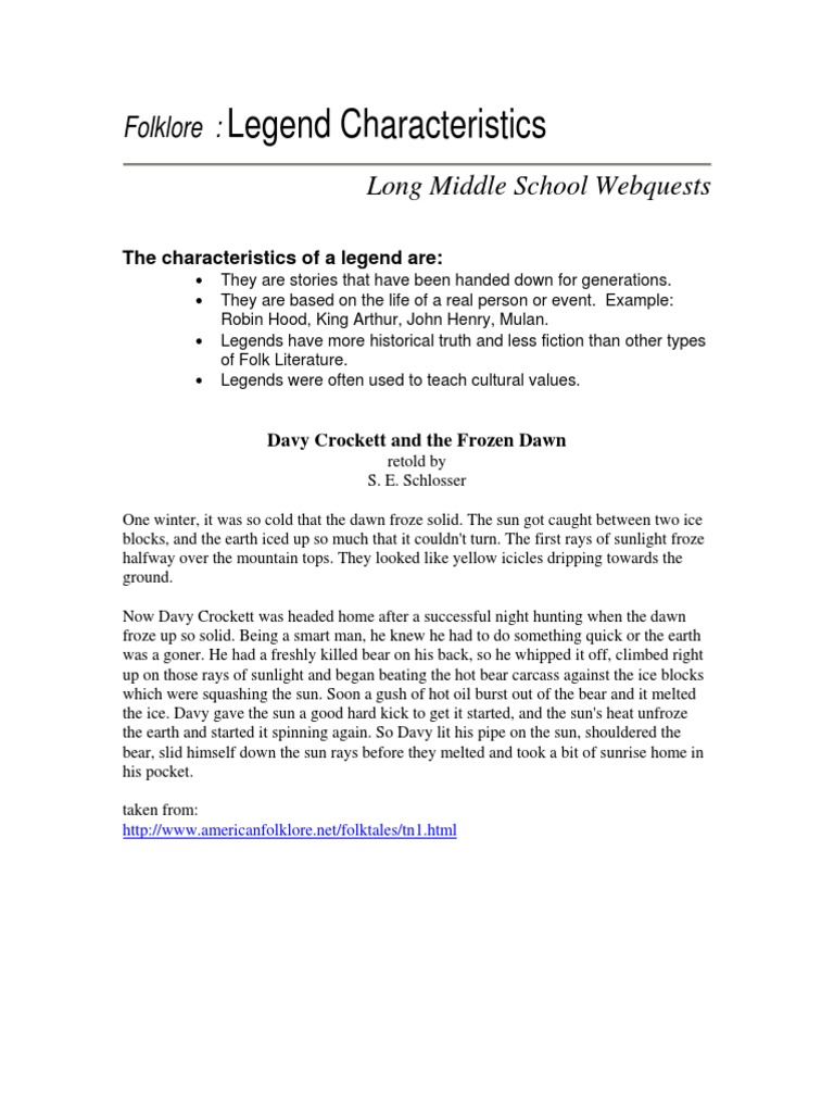 Legend Characteristics: Folklore: Long Middle School Webquests | PDF ...