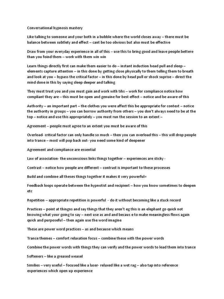 Conversational Hypnosis Mastery Notes | PDF | Hypnosis | Body Language