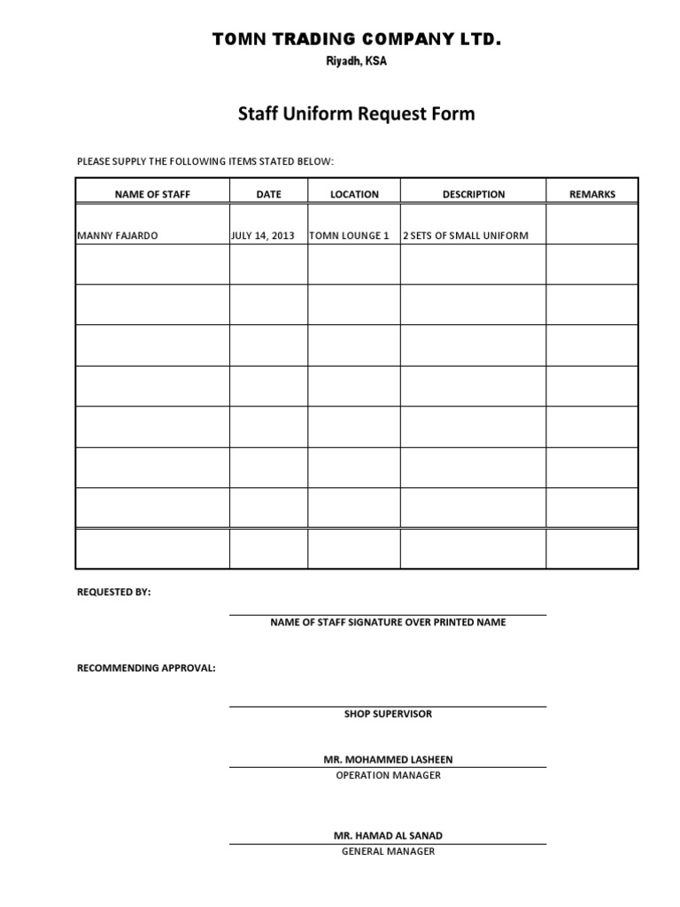 Staff Request Form Uniform | PDF | Food And Drink Preparation | Foods