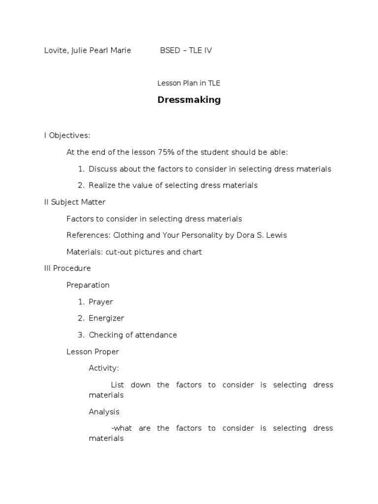 Dressmaking: Lesson Plan in TLE | PDF | Lesson Plan | Learning