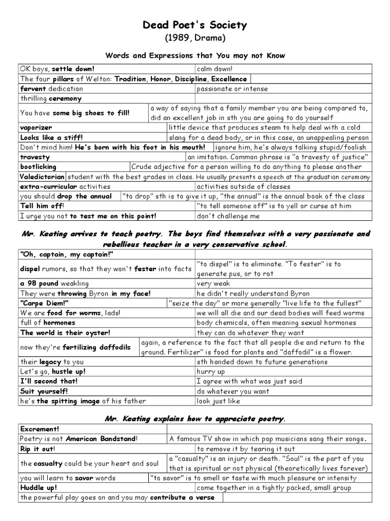 Dead Poets Society Vocabulary Worksheet | PDF | Poetry