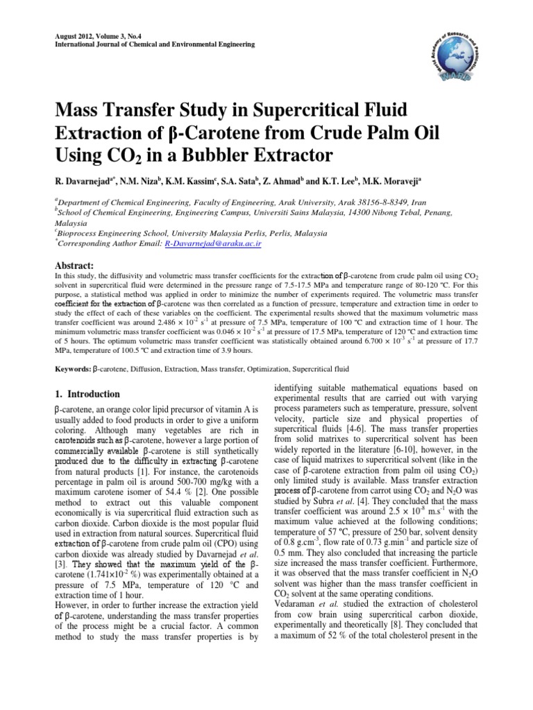 151 content 10 Mass Transfer Study in Supercritical Fluid Extraction of β Carotene from Crude ...