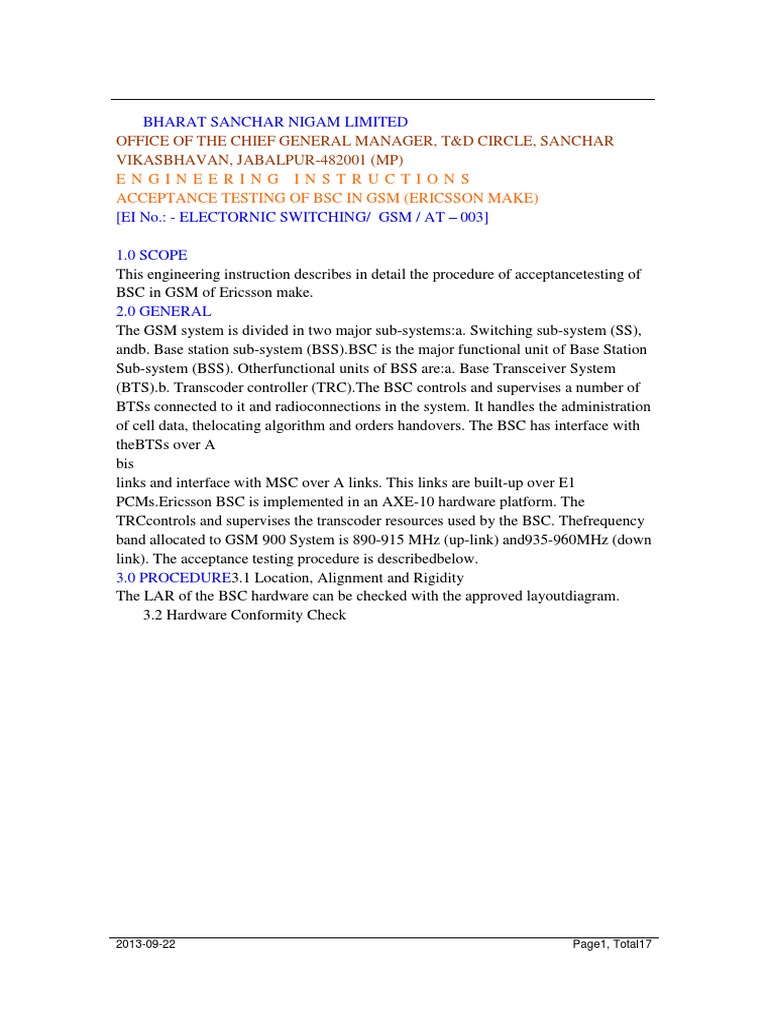 Acceptance Testing of BSC in GSM (Ericsson Make) | PDF | Computing ...