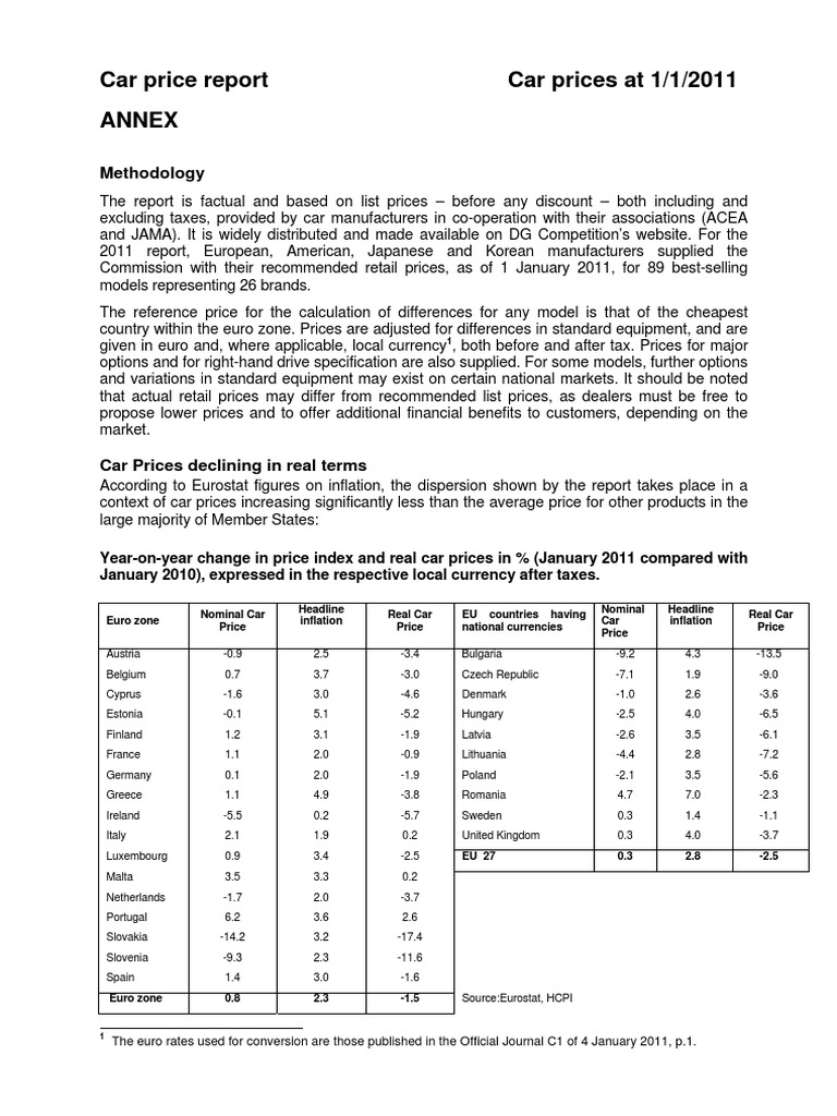 Car Price Report Car Prices at 1/1/2011 Annex: Methodology | PDF | Euro ...