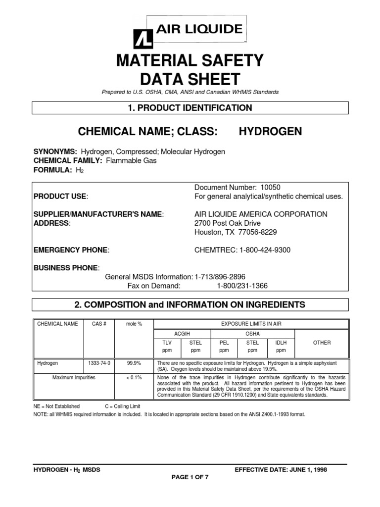 Hydrogen Msds | PDF | Dangerous Goods | Oxygen