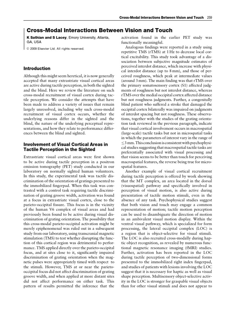 Cross Modal Interactions Between Vision And Touch Pdf Somatosensory