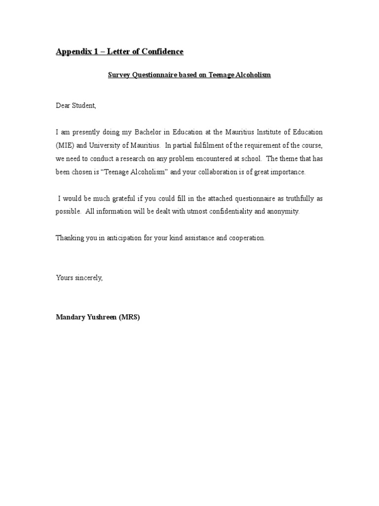 Appendix 1 - Letter of Confidence: Survey Questionnaire Based On ...