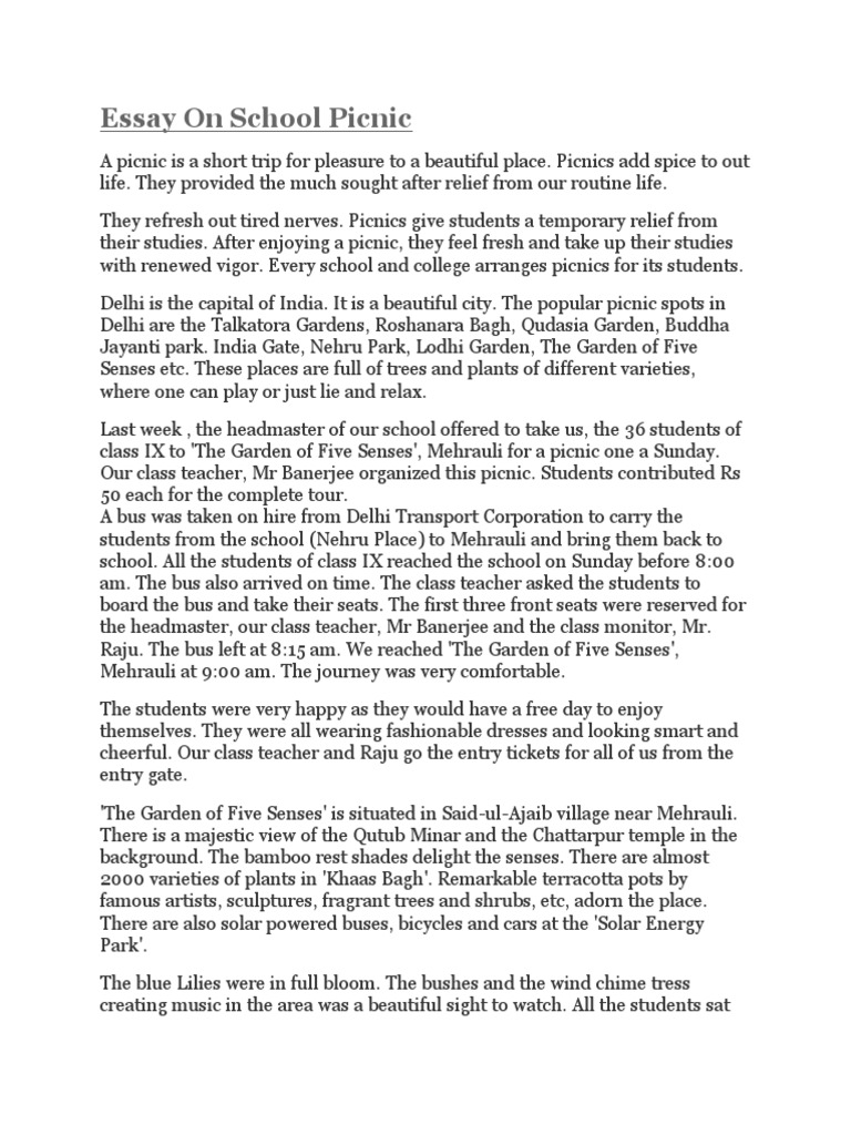 Essay On School Picnic | PDF | Delhi | Leisure
