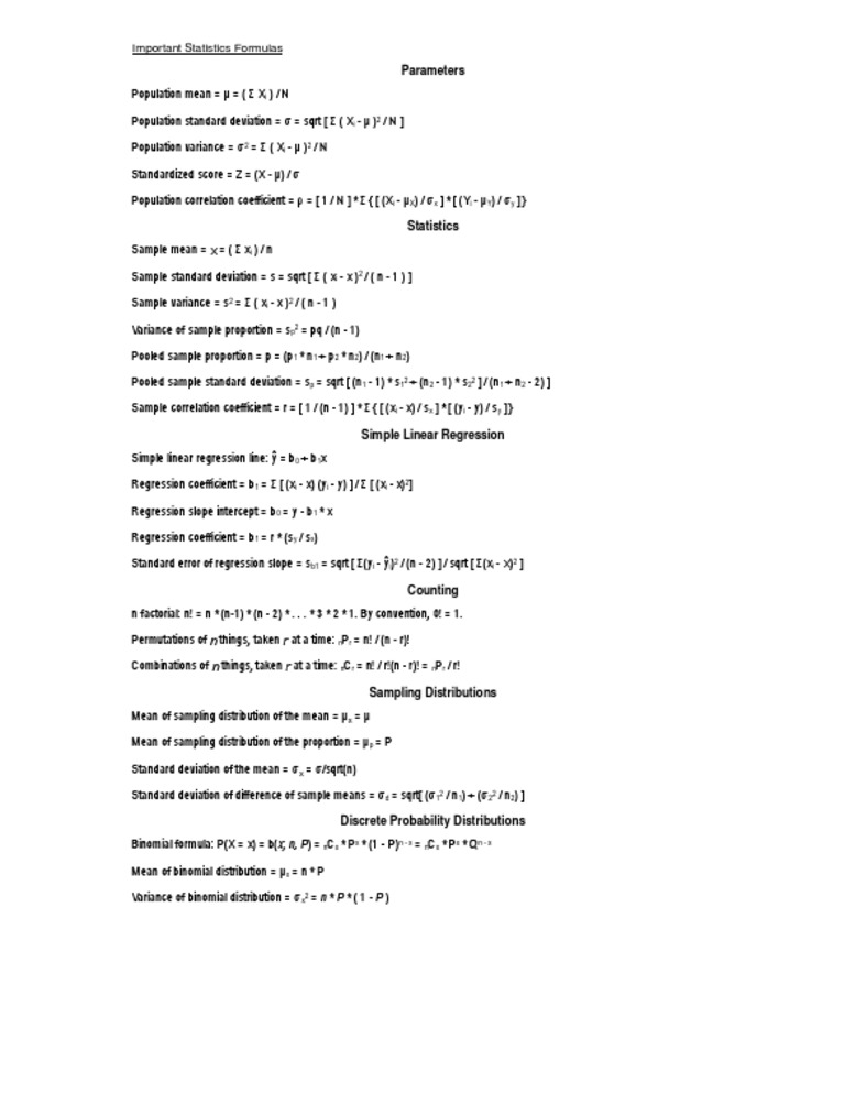 Important Statistics Formulas: Parameters | PDF | Teaching Methods ...