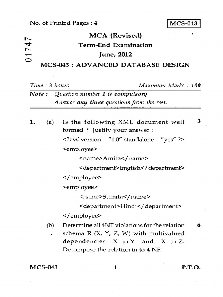 MCS-043 (1) Question Paper | PDF | Sql | Databases