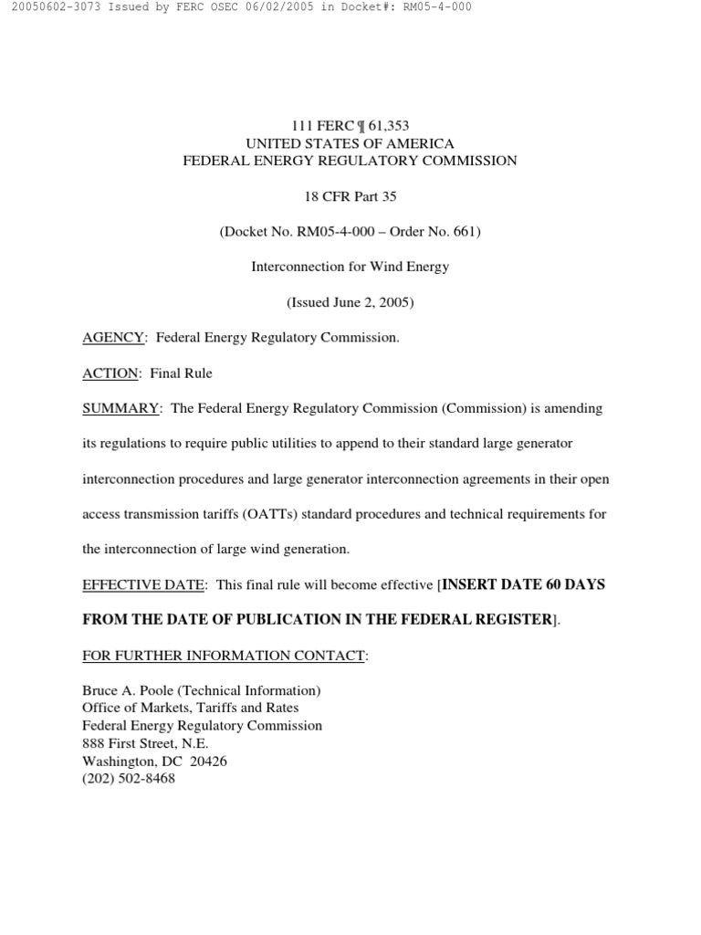 FERC Order 661: Wind Energy Interconnection | PDF | Wind Power ...