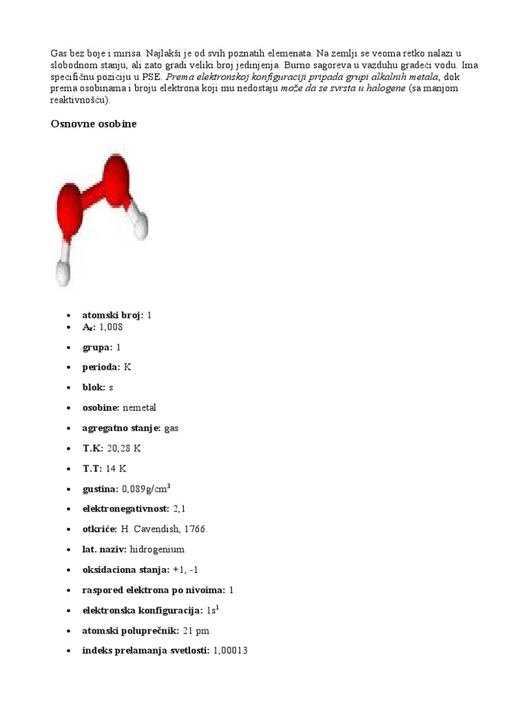 Vodonik I Njegova Jedinjenja | PDF