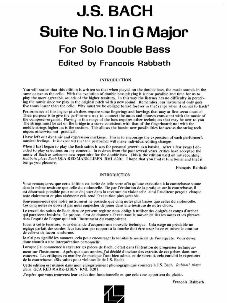 Bach - Suite No.1 - Double Bass Ed. Rabbath | PDF | Musical ...