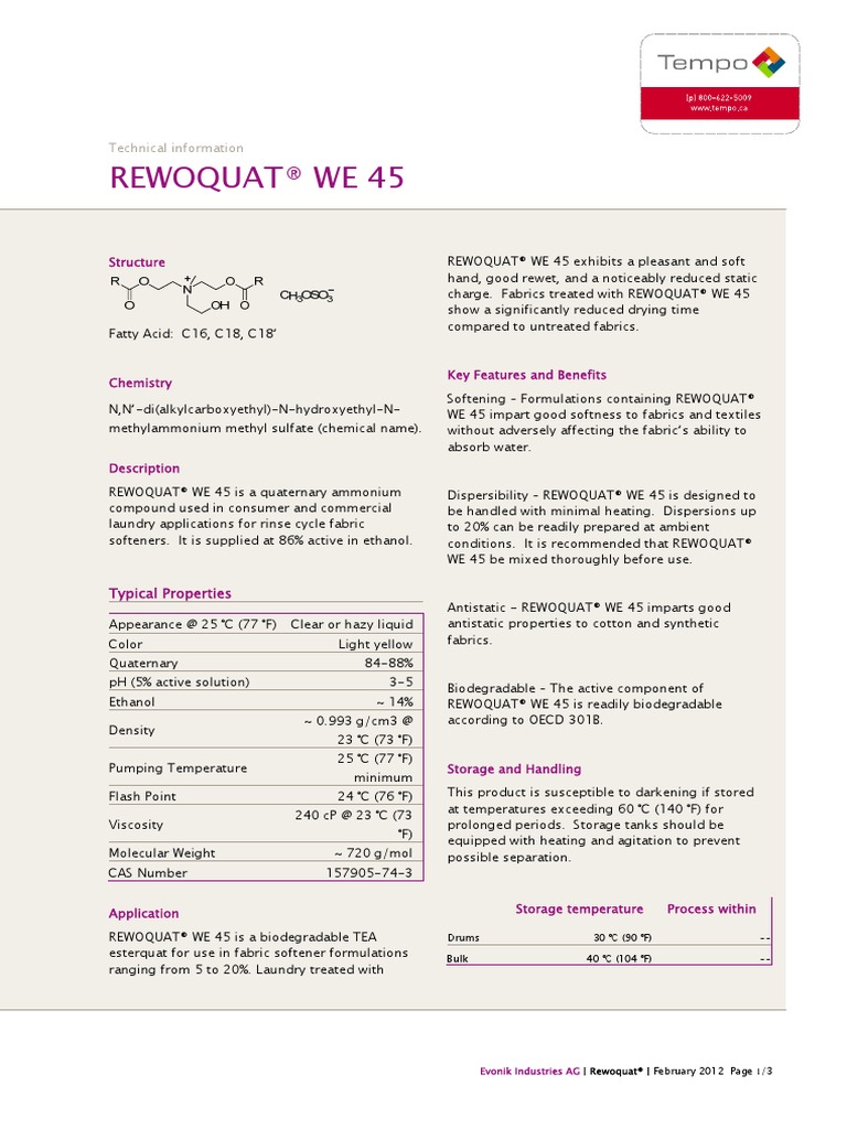 Rewoquat We 45 TDS 12 02 01 | PDF | Sodium Chloride | Water