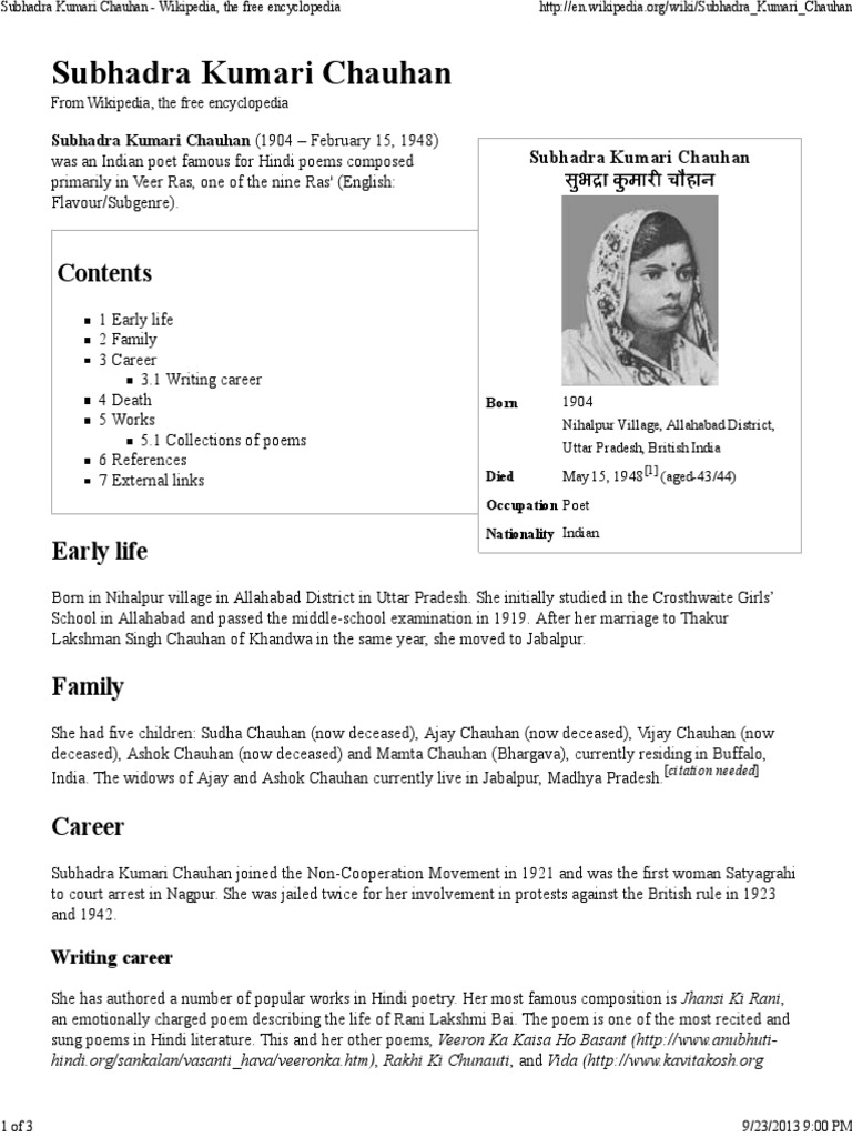 Subhadra Kumari Chauhan - Biography | PDF | Poetry | Languages