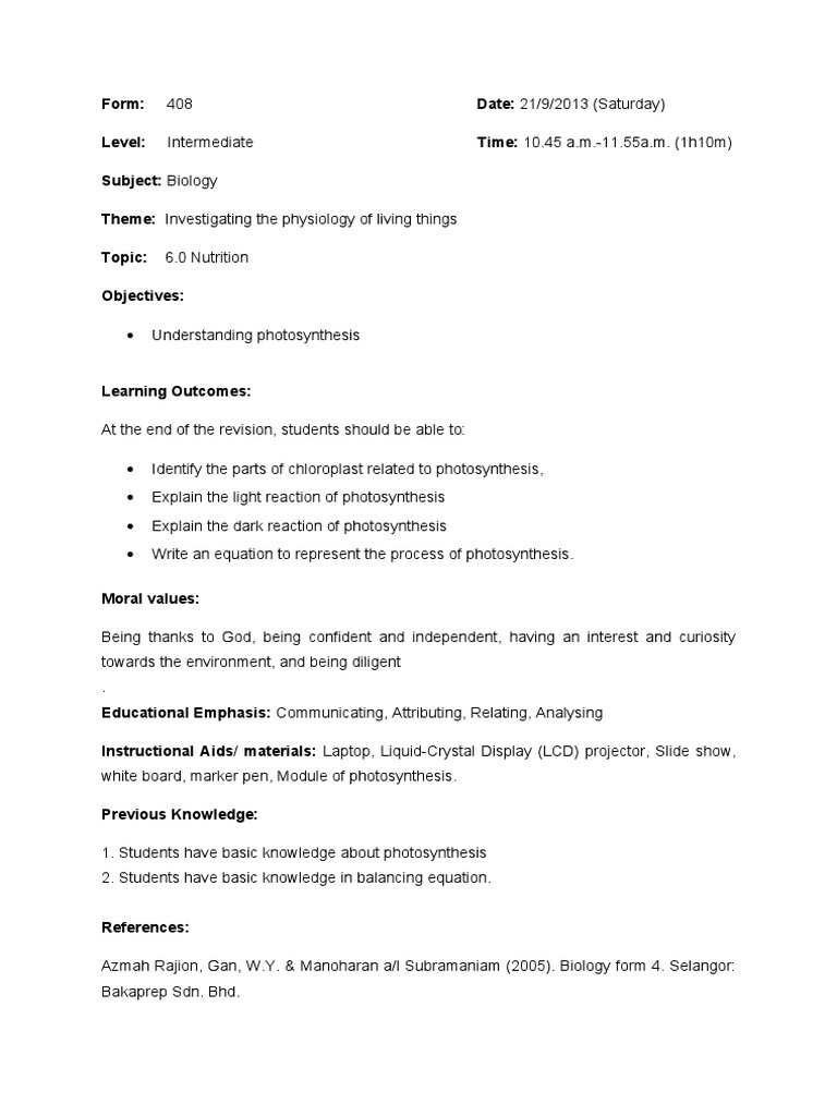 Lesson Plan Revise Photosynthesis 408 | PDF | Photosynthesis | Breads
