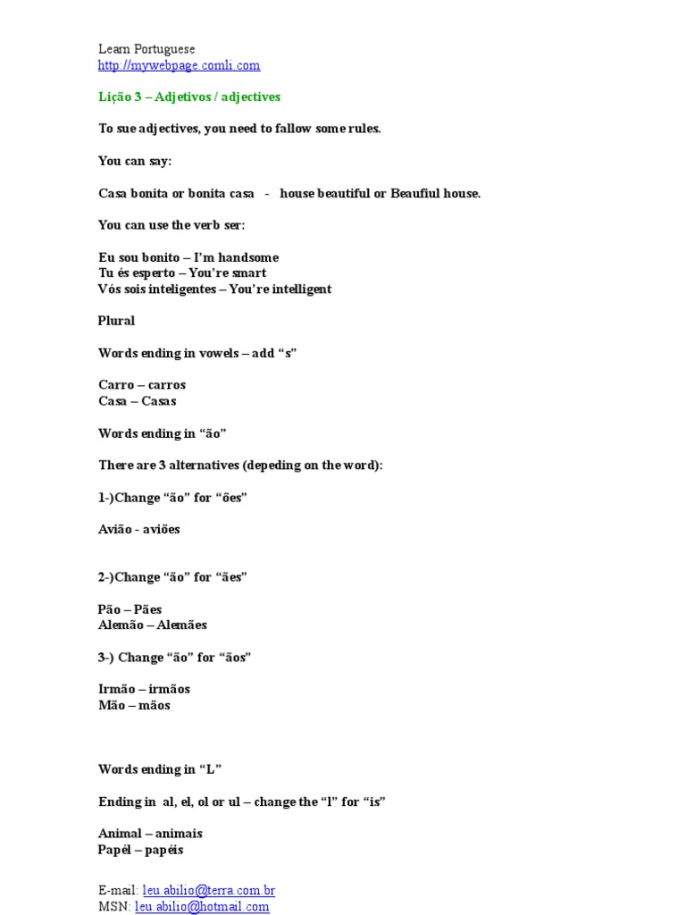 Portuguese Adjectives and Plurals Guide | PDF | Language Arts & Discipline