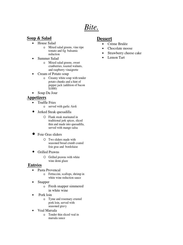 Menu Concept for Bite Restaurant | PDF | Cooking, Food & Wine