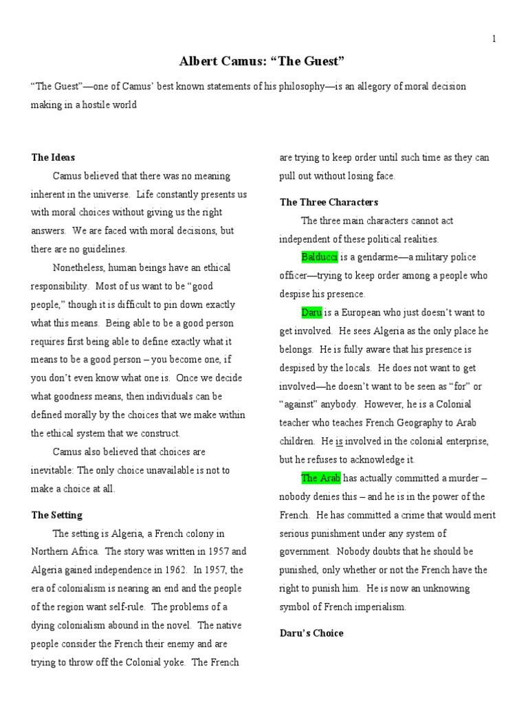 Albert Camus: "The Guest" | PDF | Existentialism | Colonialism