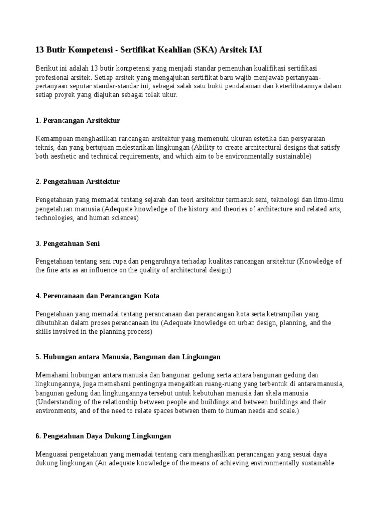 13 Butir Kompetensi - Sertifikat Keahlian (SKA) Arsitek IAI | PDF