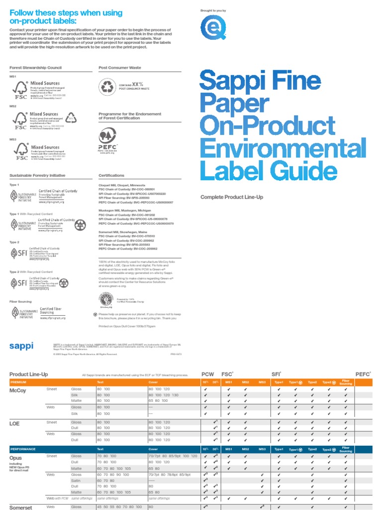 Sappi Fine Paper On-Product Environmental Label Guide: Complete Product ...
