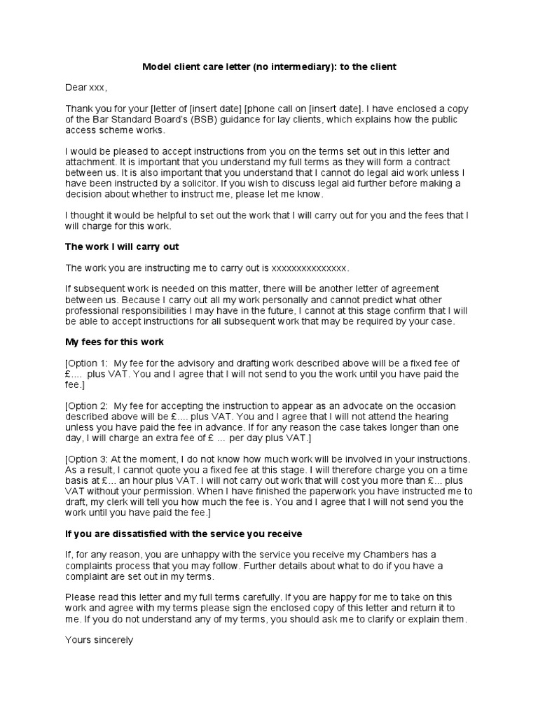 Model Client Care Letter 2 | PDF | Legal Aid | Barrister