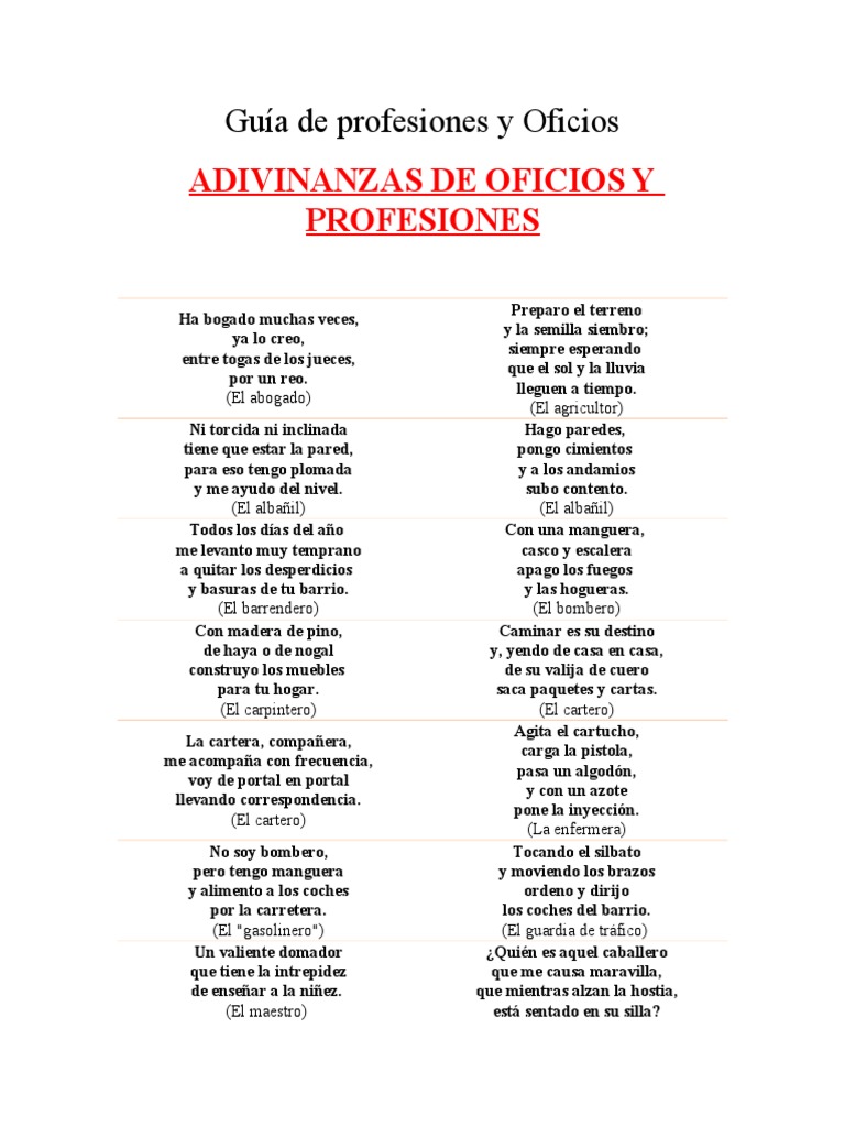 Adivinanzas de Oficios y Profesiones | PDF