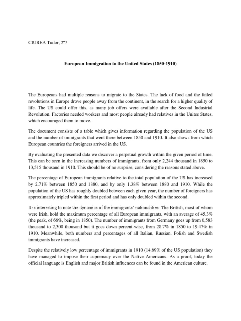European Immigration to the US (1850-1910) | PDF