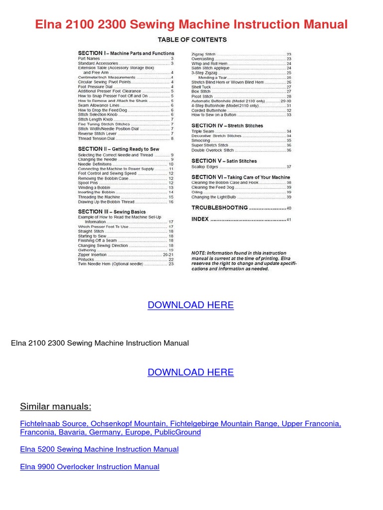 Elna 2100 2300 Sewing Machine Instruction Manual | PDF | Folk Art ...