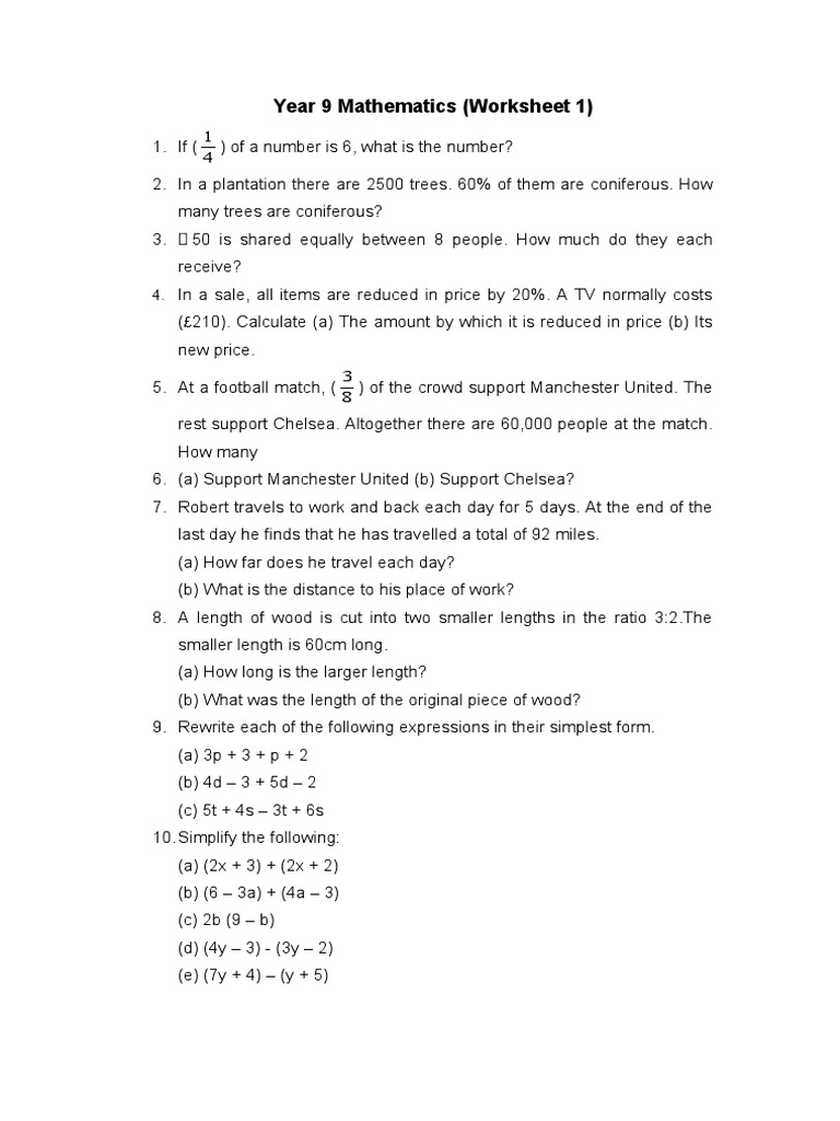 Year 9 Maths Worksheet 1 | PDF