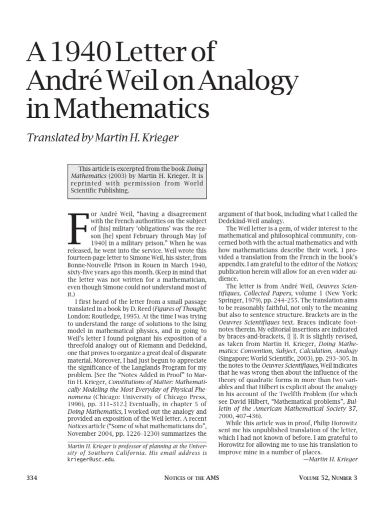 André Weil on Analogy in Mathematics | PDF | Field (Mathematics ...