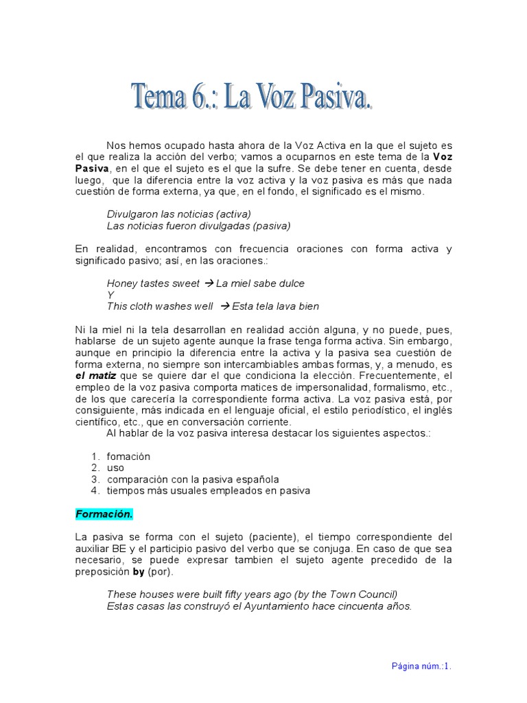 Uso y Formación de la Voz Pasiva | PDF | Asunto (gramática) | Reglas