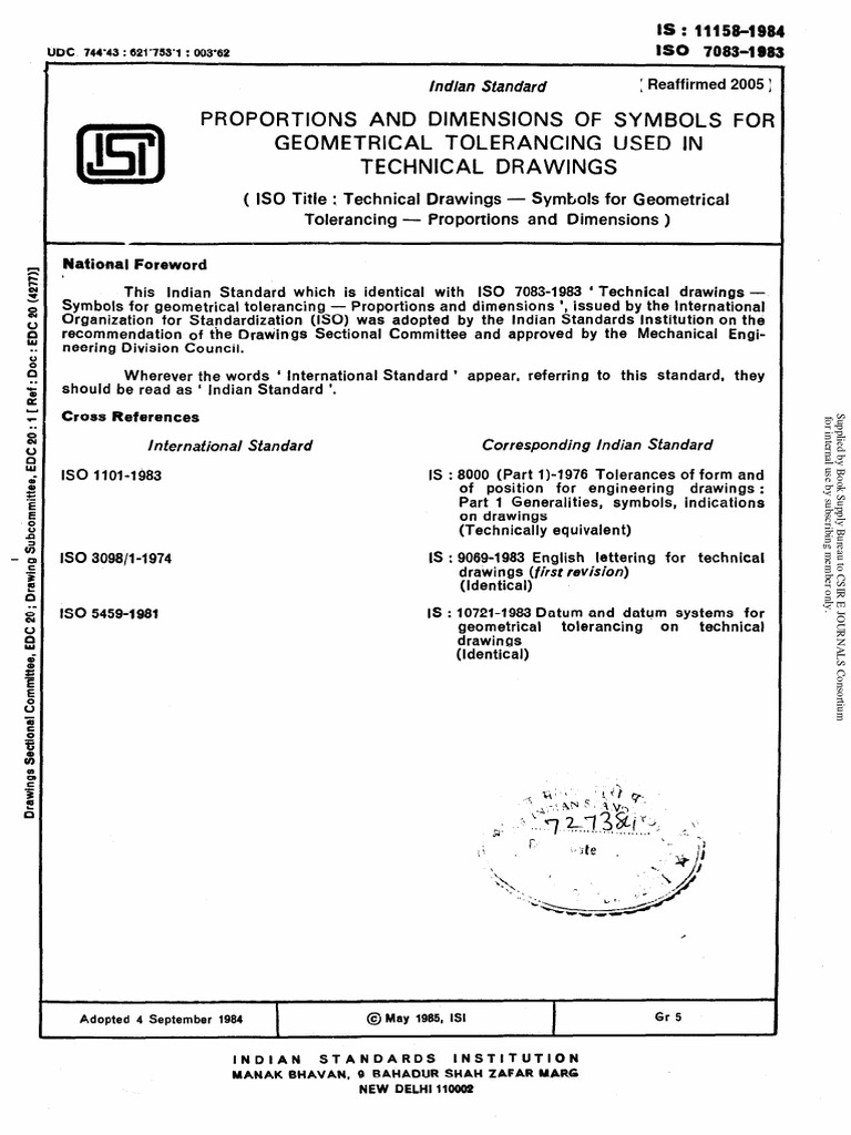 Is 11158 1984 ISO 7083 1983 Proportions and Dimensions of Symbols For Geometrical Tolerancing ...