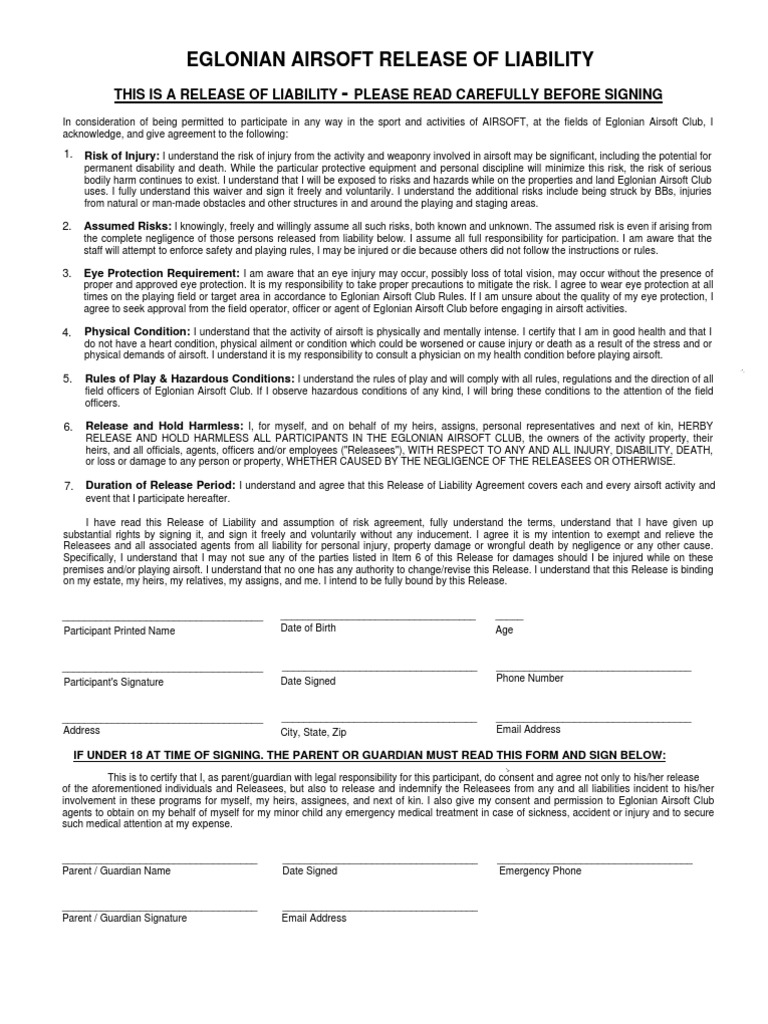 Eglonian Airsoft Liability Waiver | PDF | Negligence | Risk