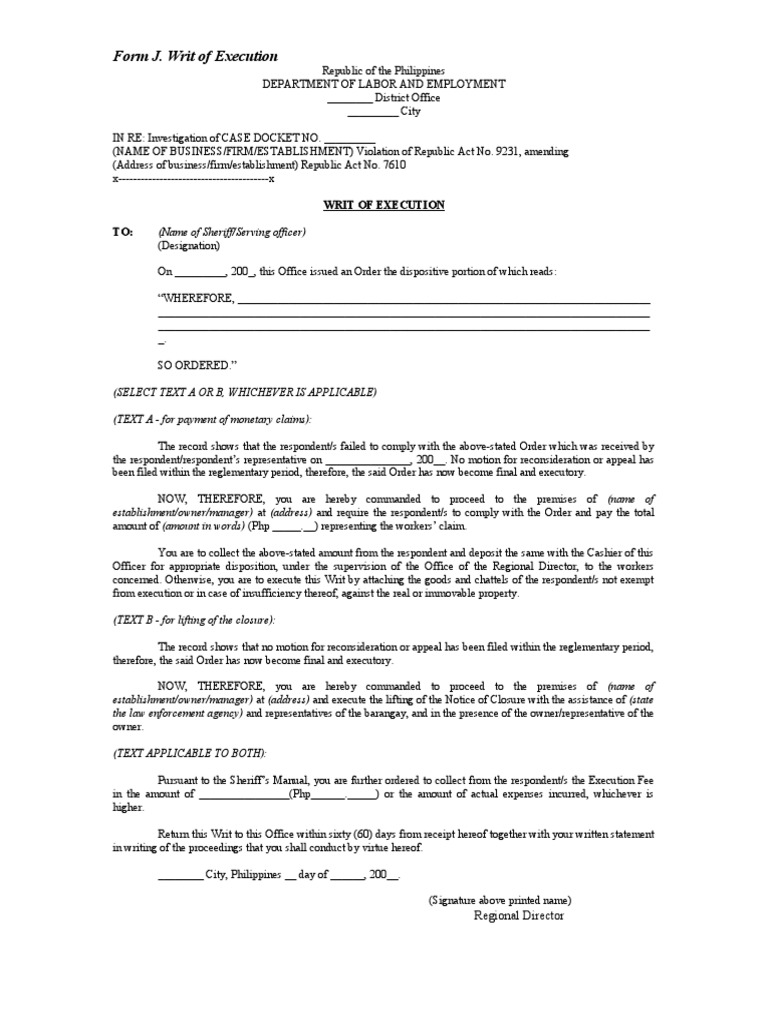 Form J. Writ of Execution | PDF | Writ | Government Information